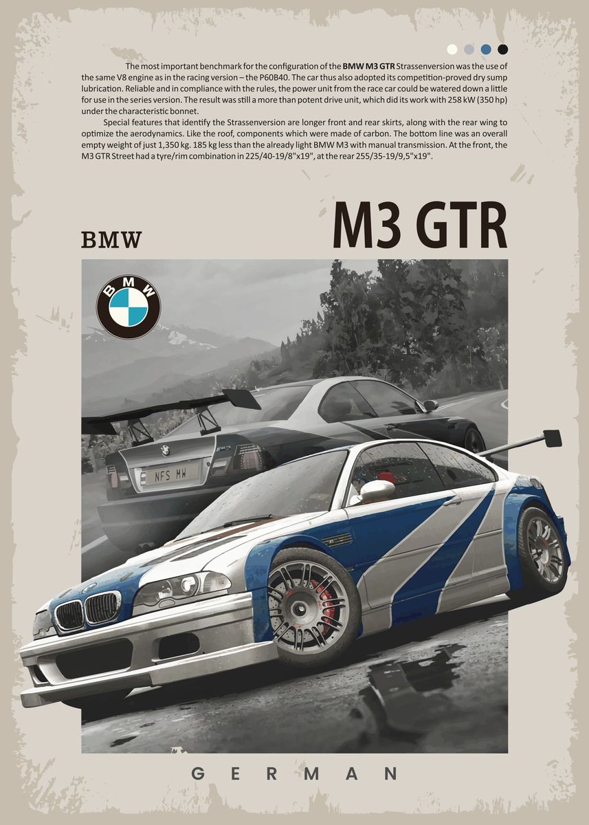 'BMW M3 GTR Vintage Poster' Poster, picture, metal print, paint by ...