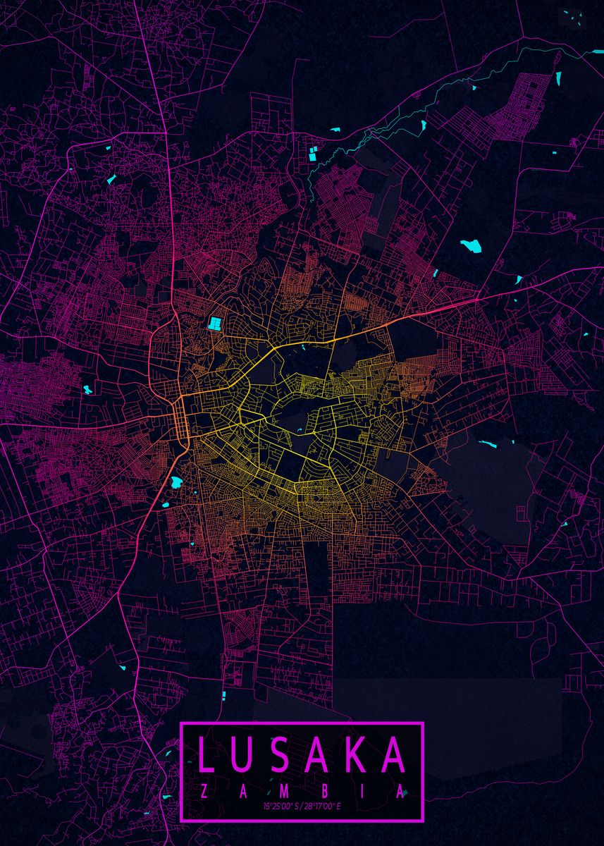 'Lusaka City Map Zambia Neon' Poster, picture, metal print, paint by ...