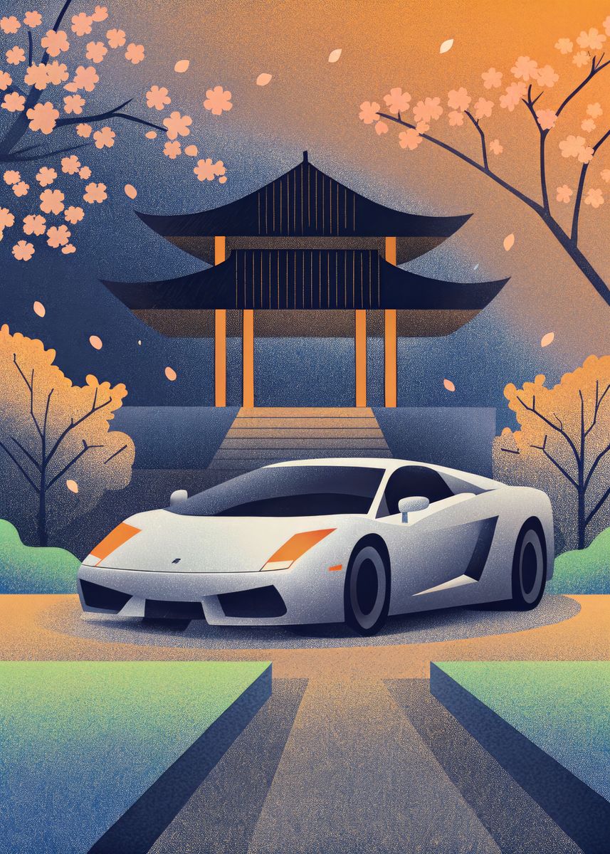 'Lamborghini in Cherry Blossom Garden' Poster, picture, metal print ...