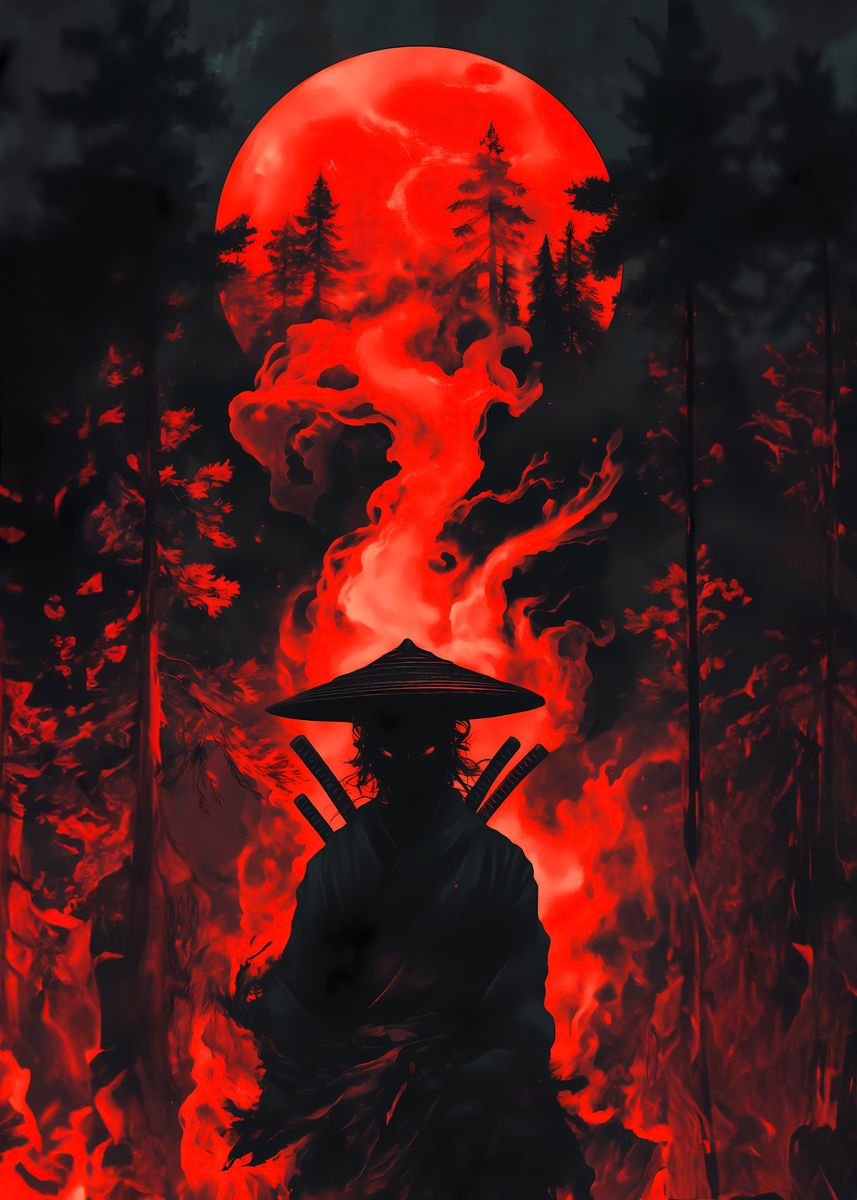 'Samurai in Red Moon Forest' Poster, picture, metal print, paint by ...
