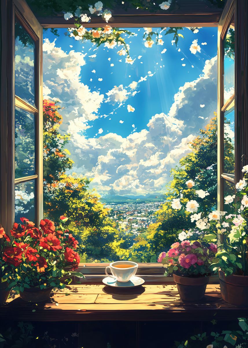 'Morning Dreamscape Window View with Tea' Poster, picture, metal print ...