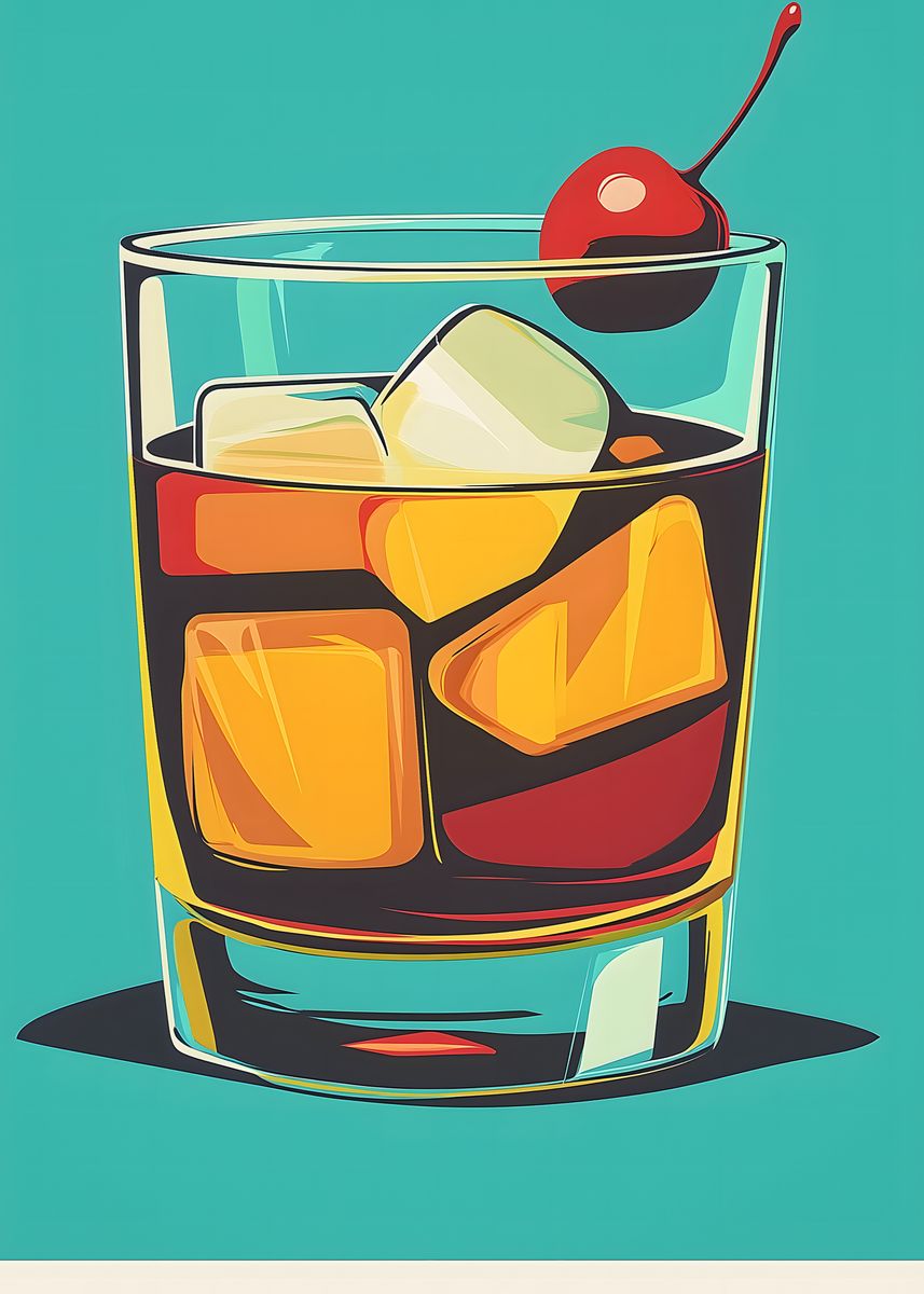 'Cocktail with Cherry' Poster, picture, metal print, paint by Aous | Displate
