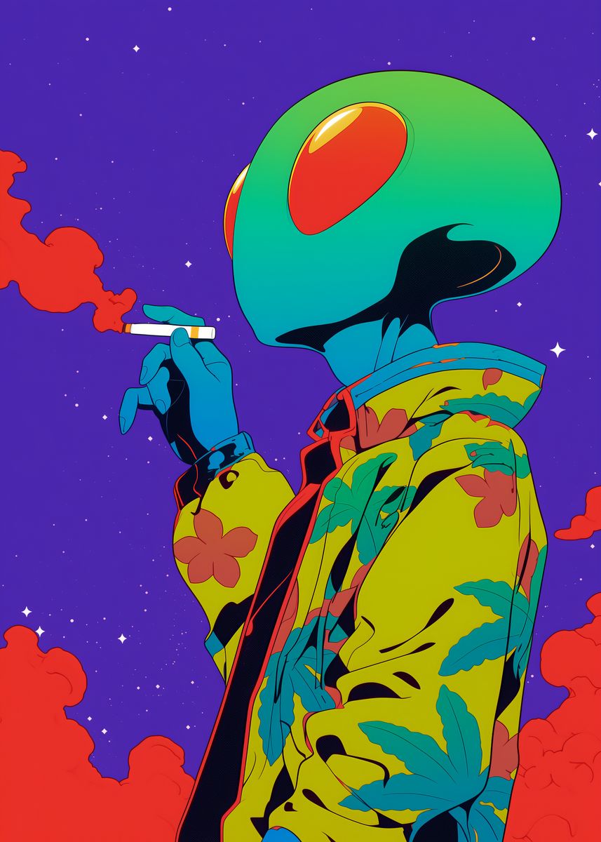 'Alien Smoking in Space' Poster, picture, metal print, paint by Lorence ...