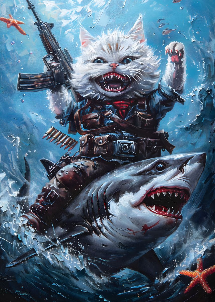 'Cat Riding Shark' Poster, picture, metal print, paint by ...