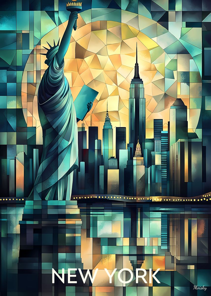 'Cubist New York Skyline with Statue of Liberty' Poster, picture, metal print, paint by Moises ...