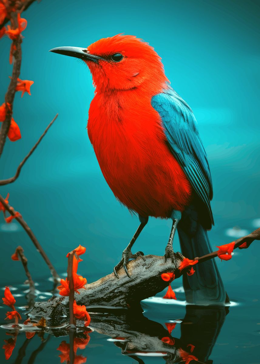 'Red Bird on Branch' Poster, picture, metal print, paint by You Design ...