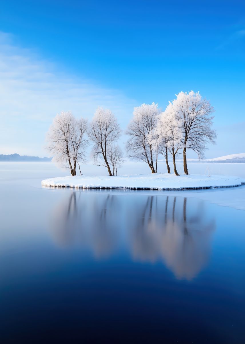 'Snowy Island in a Frozen Lake' Poster, picture, metal print, paint by ...