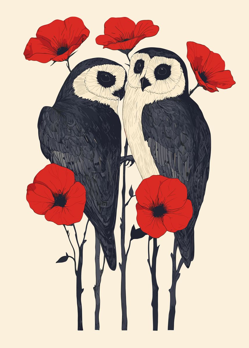'Owls and Poppies' Poster, picture, metal print, paint by Erzebet ...