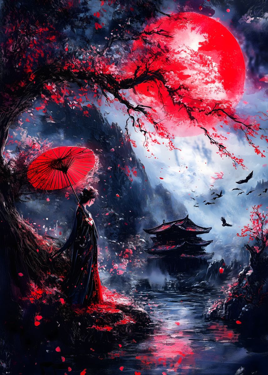 'Geisha Under Blood Moon' Poster, picture, metal print, paint by ...