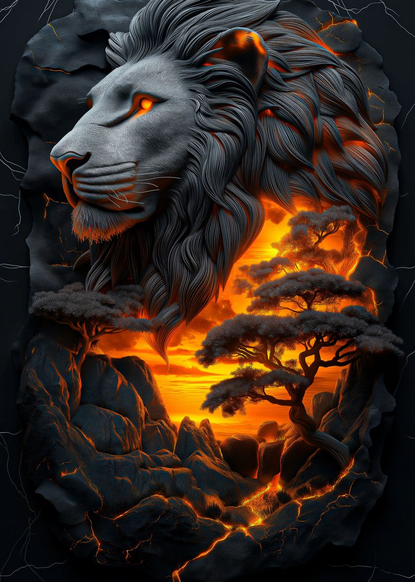'Lion in Lava Landscape' Poster, picture, metal print, paint by Lorence ...