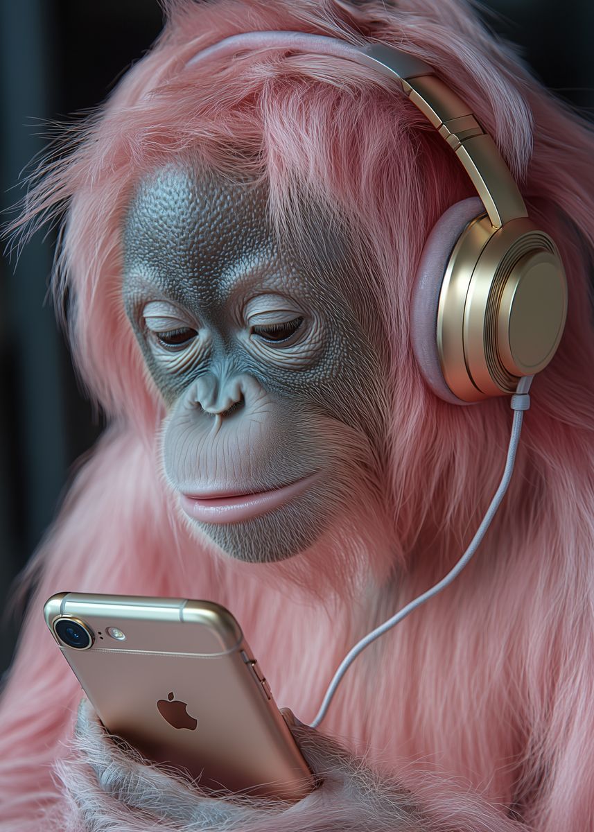 'Pink Hair Orangutan with Headphones' Poster, picture, metal print ...