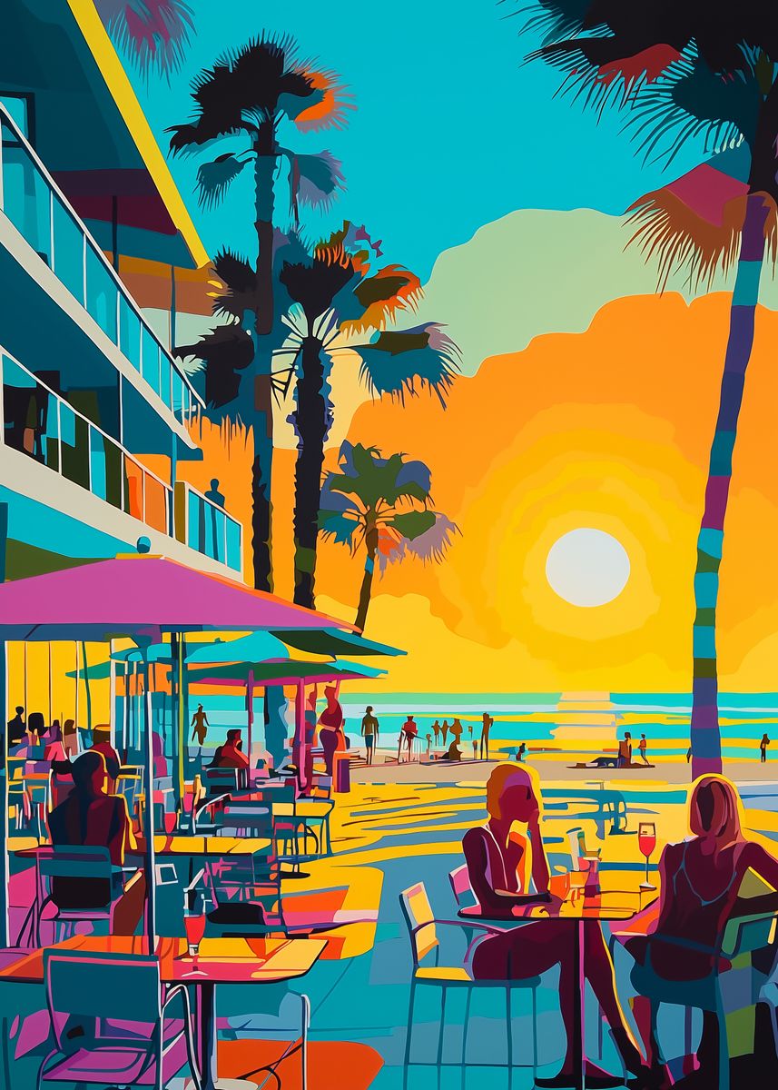 'Pop Art Beachfront Café at Sunset' Poster, picture, metal print, paint ...