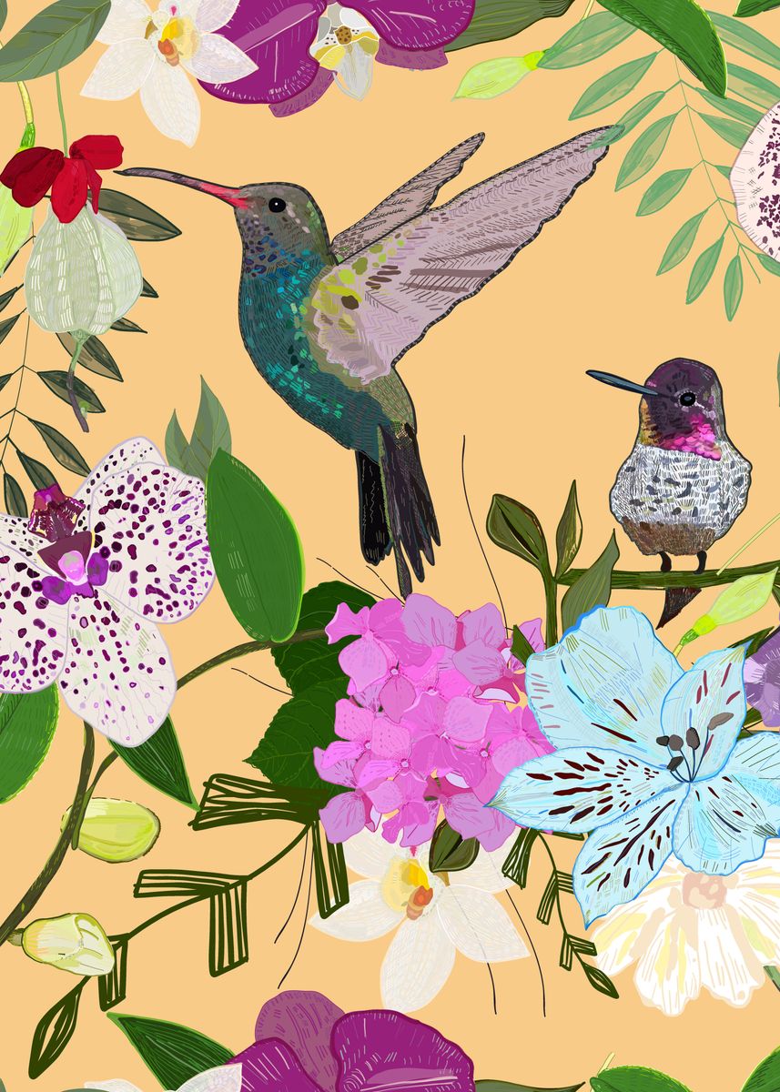 'Hummingbirds and Orchids' Poster, picture, metal print, paint by ...