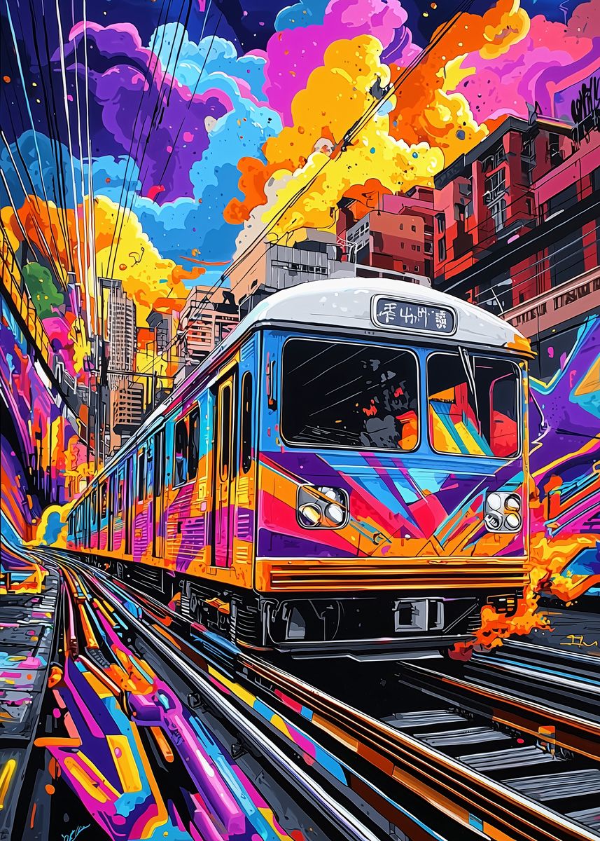 'Pop Art City Train in Vibrant Motion' Poster, picture, metal print, paint by Moises Serrano ...