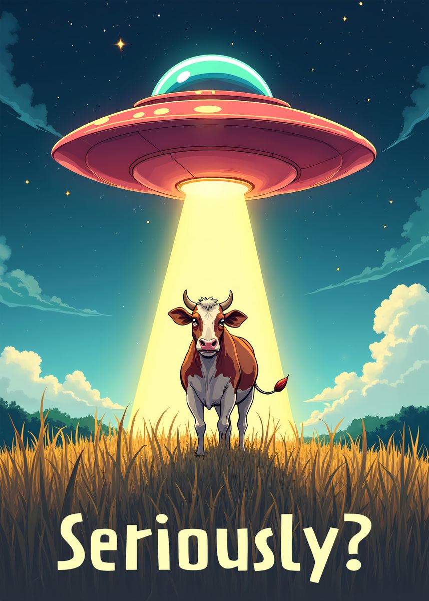 'Seriously? Funny UFO Cow Abduction Farm Humor' Poster, picture, metal ...