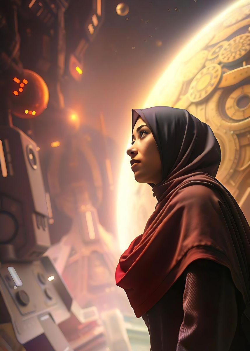 'Woman in Hijab in Futuristic Setting' Poster, picture, metal print, paint by ALHADIYA | Displate
