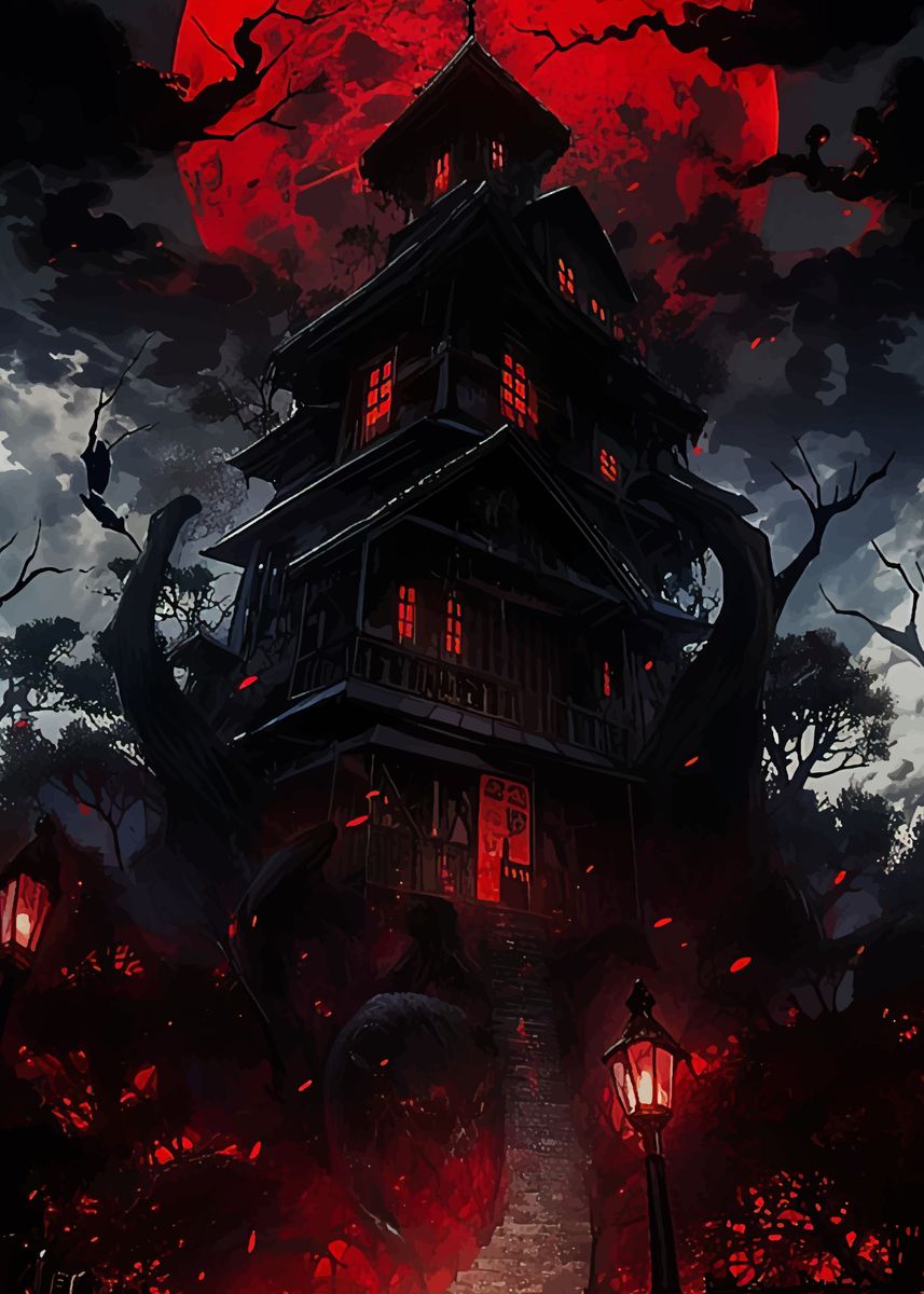 'Haunted House Under Blood Moon' Poster, picture, metal print, paint by ...