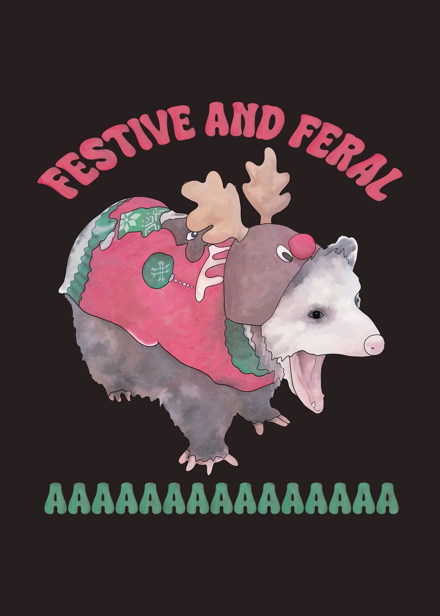 'Festive and Feral, Christmas Opossum' Poster, picture, metal print ...
