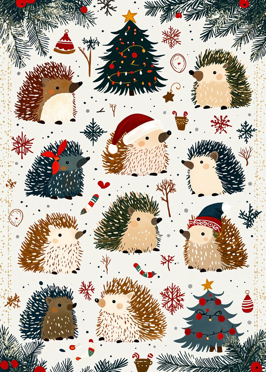 'Christmas Hedgehogs' Poster, picture, metal print, paint by SuperNova ...