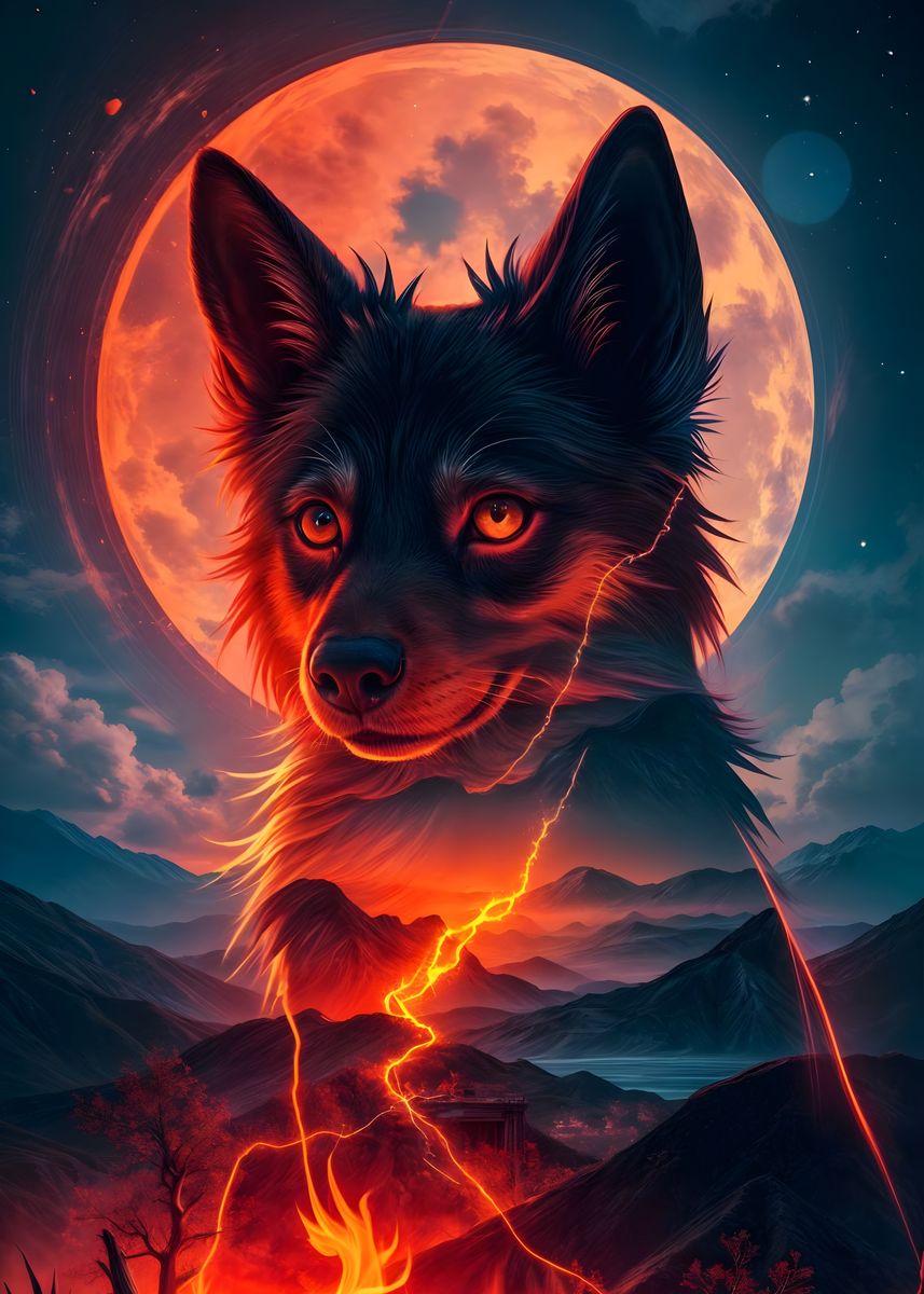 'Fiery Fox Under Blood Moon' Poster, picture, metal print, paint by ...