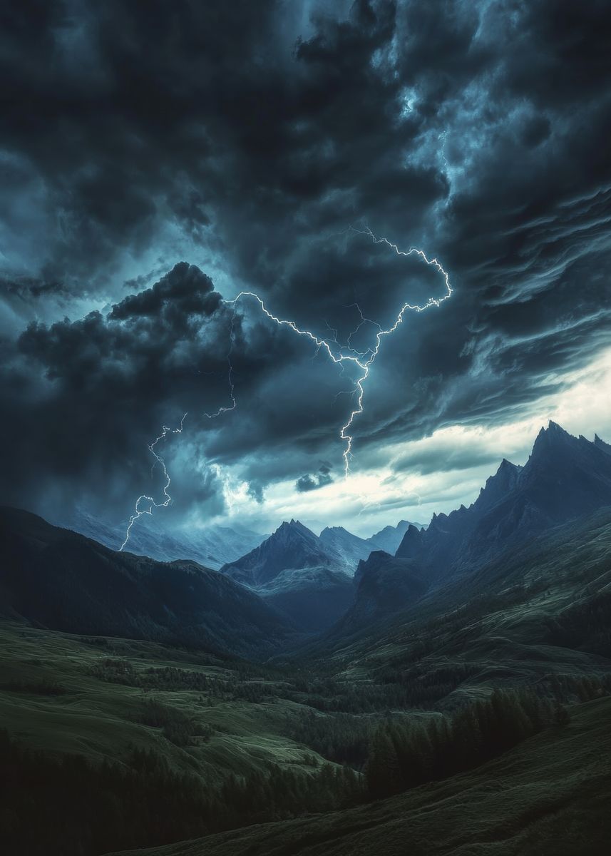 'Lightning Storm Over Mountains' Poster, picture, metal print, paint by ...