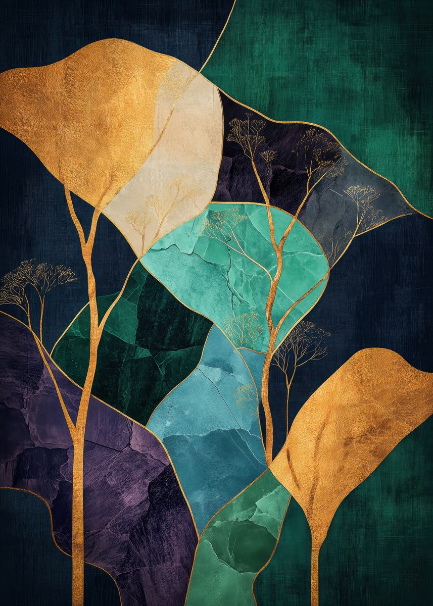 'Abstract Gold & Green Forest' Poster, picture, metal print, paint by ...
