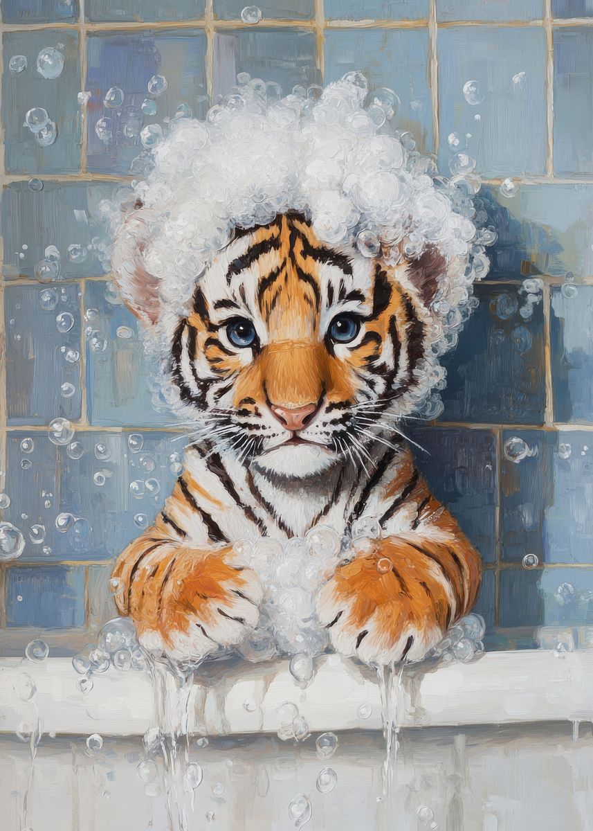 'Tiger Cub Bath Time' Poster, picture, metal print, paint by Mason ...