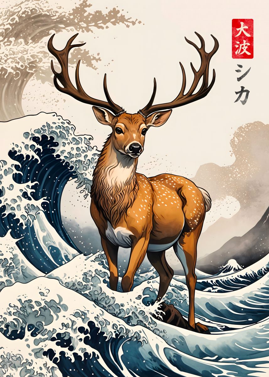 'Deer Great Wave' Poster, picture, metal print, paint by Illust Artz | Displate