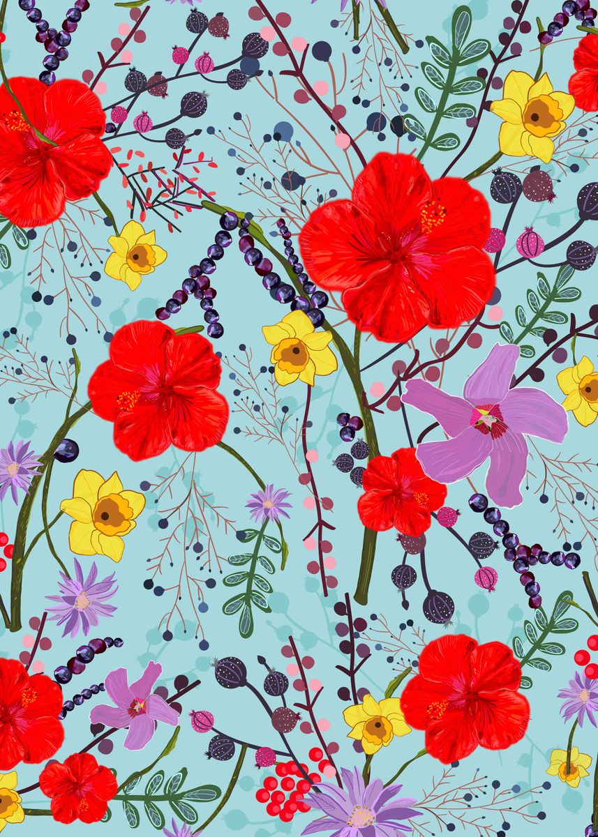 'Hibiscus bouquet with berry' Poster, picture, metal print, paint by ...