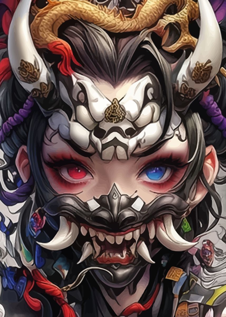 'Anime Girl with Oni Mask' Poster, picture, metal print, paint by ...
