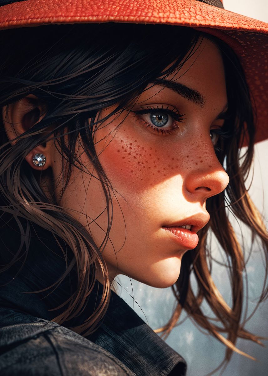 'Radiant Freckled Portrait with Red Hat' Poster, picture, metal print ...