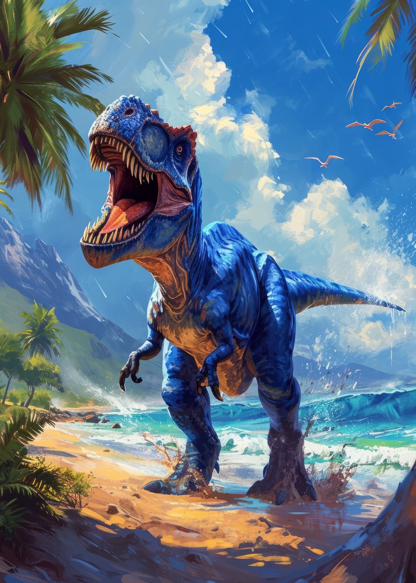 'Blue T-Rex on Beach' Poster, picture, metal print, paint by Tesiga ...