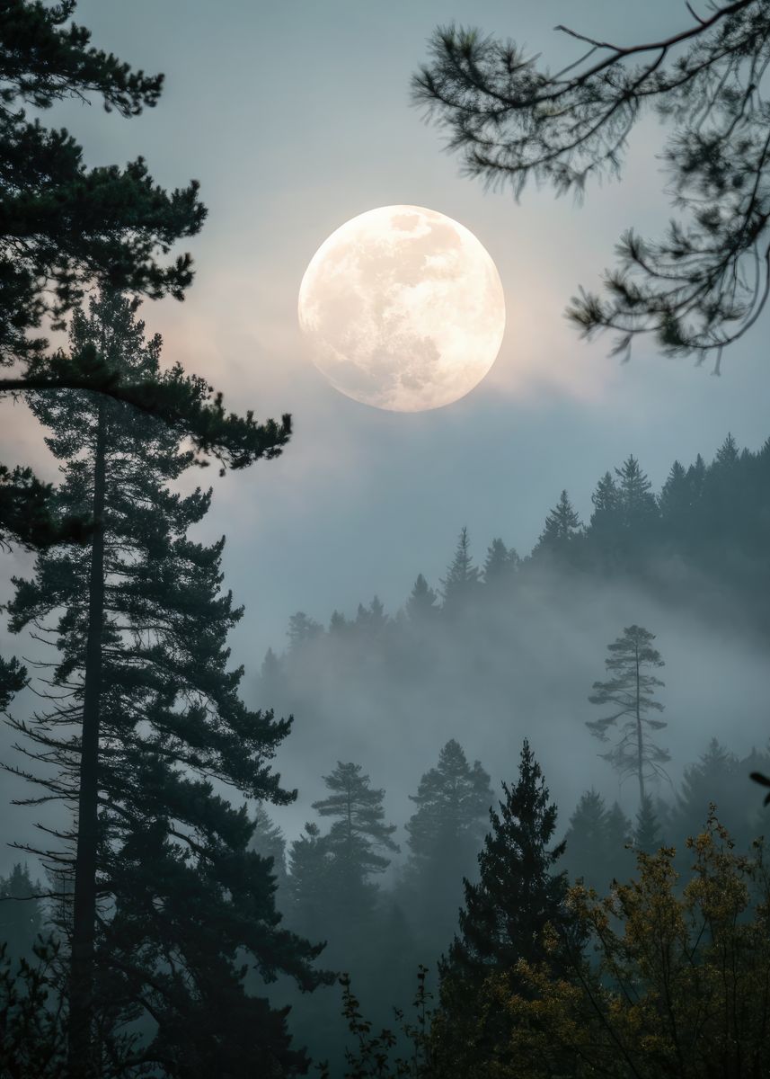 'Full Moon Over Foggy Forest' Poster, picture, metal print, paint by ...