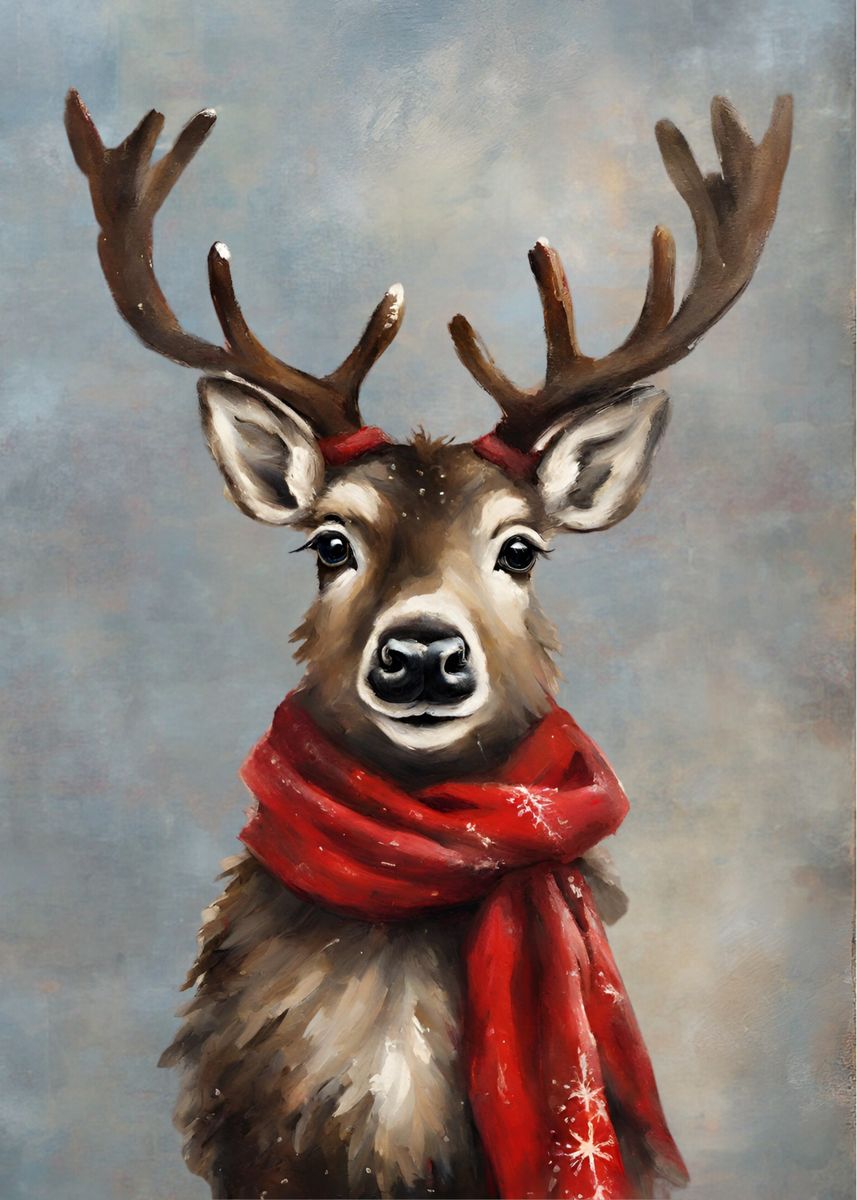 'Reindeer in Red Scarf' Poster, picture, metal print, paint by CG Vaasa ...