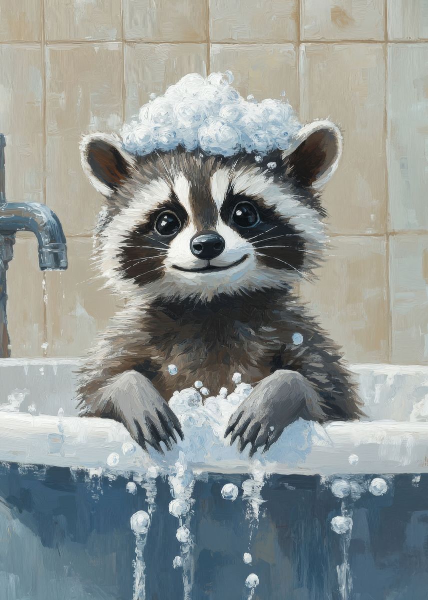 'Raccoon Bath Time' Poster, picture, metal print, paint by Mason Clark ...