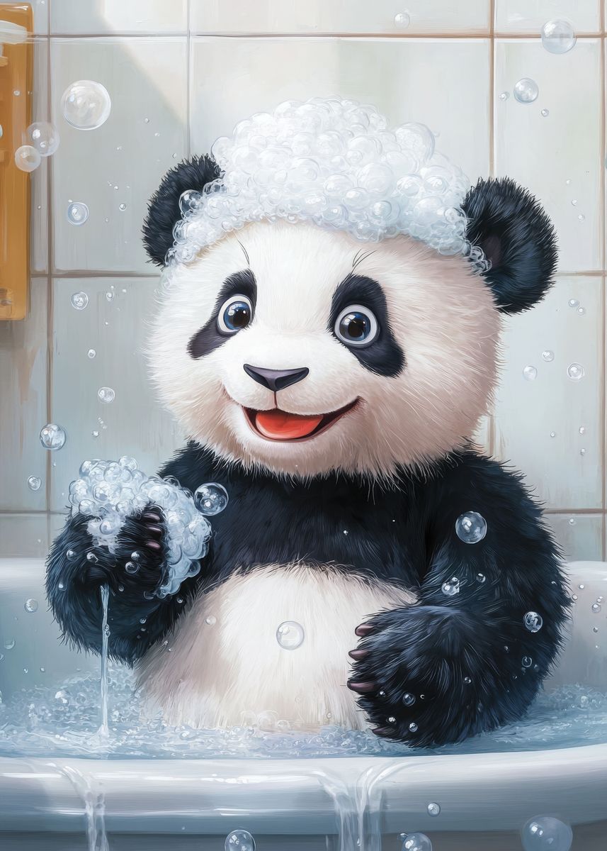 'Panda Bath Time' Poster, picture, metal print, paint by Mason Clark ...