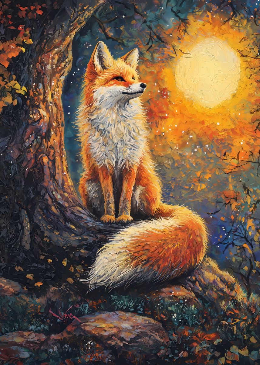 'Fox Under Full Moon' Poster, picture, metal print, paint by Tesiga ...