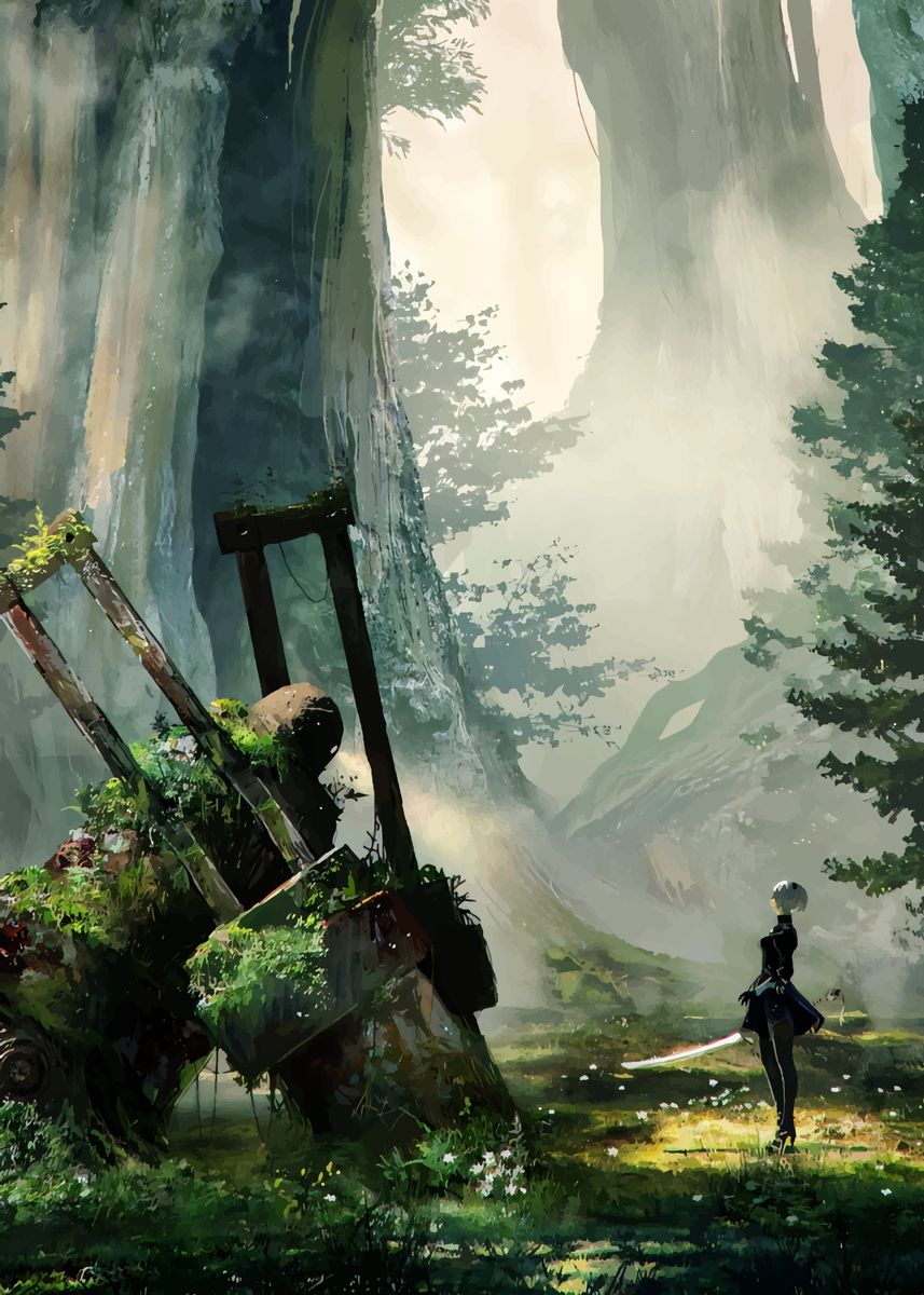 '2B in a Forest' Poster, picture, metal print, paint by sakim black ...