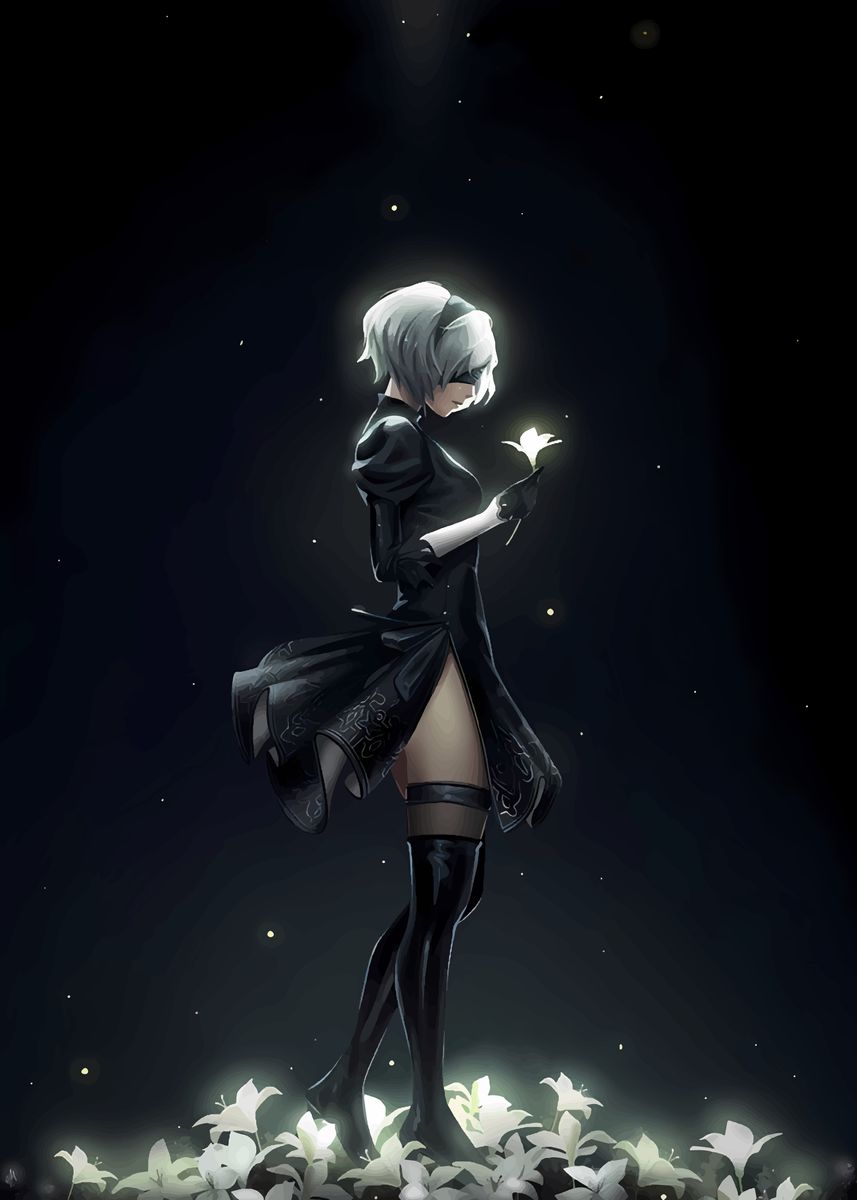 '2B with Flower' Poster, picture, metal print, paint by sakim black ...