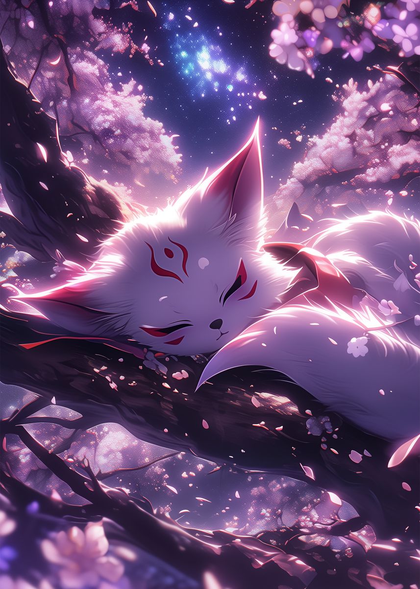 'Sleeping Kitsune in Cherry Blossoms' Poster, picture, metal print ...