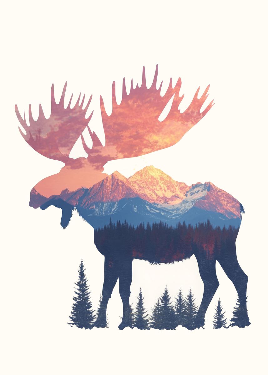 'Moose Silhouette with Mountain Sunset' Poster, picture, metal print ...