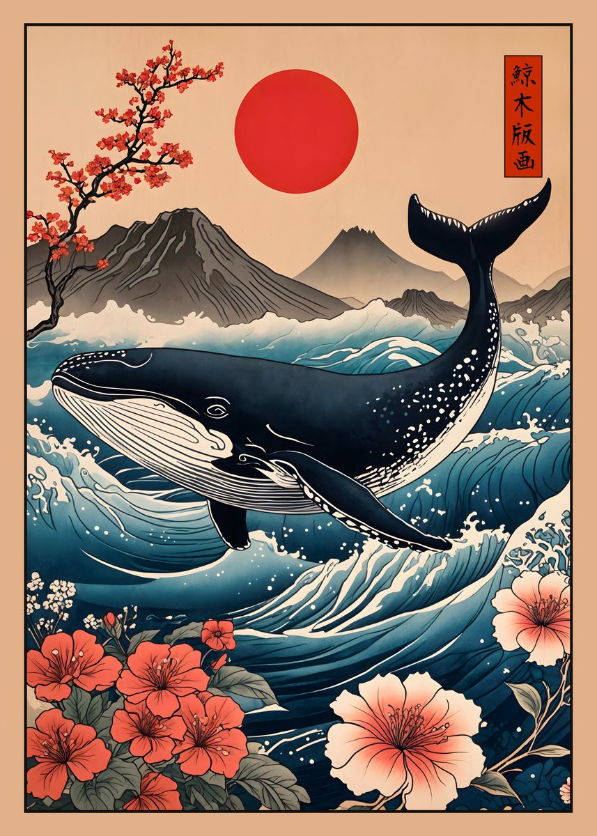 'Whale Japanese Waves' Poster, picture, metal print, paint by Yushiroe ...