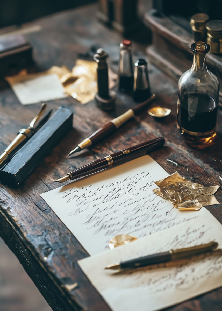 'Vintage Calligraphy Writing Desk' Poster, picture, metal print, paint ...