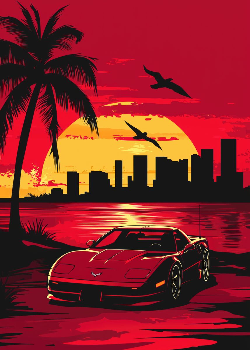 'Red Corvette Sunset' Poster, picture, metal print, paint by ...