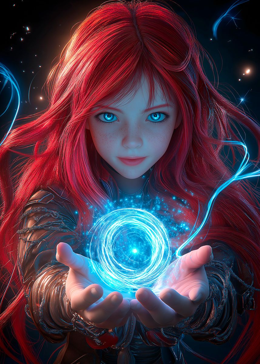 'Red-Haired Mage with Blue Orb' Poster, picture, metal print, paint by ...