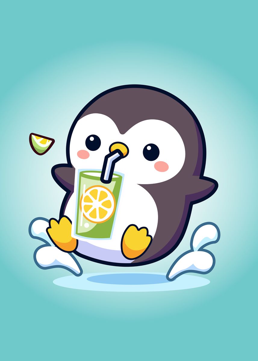 'Cute Penguin with Lemonade' Poster, picture, metal print, paint by ...