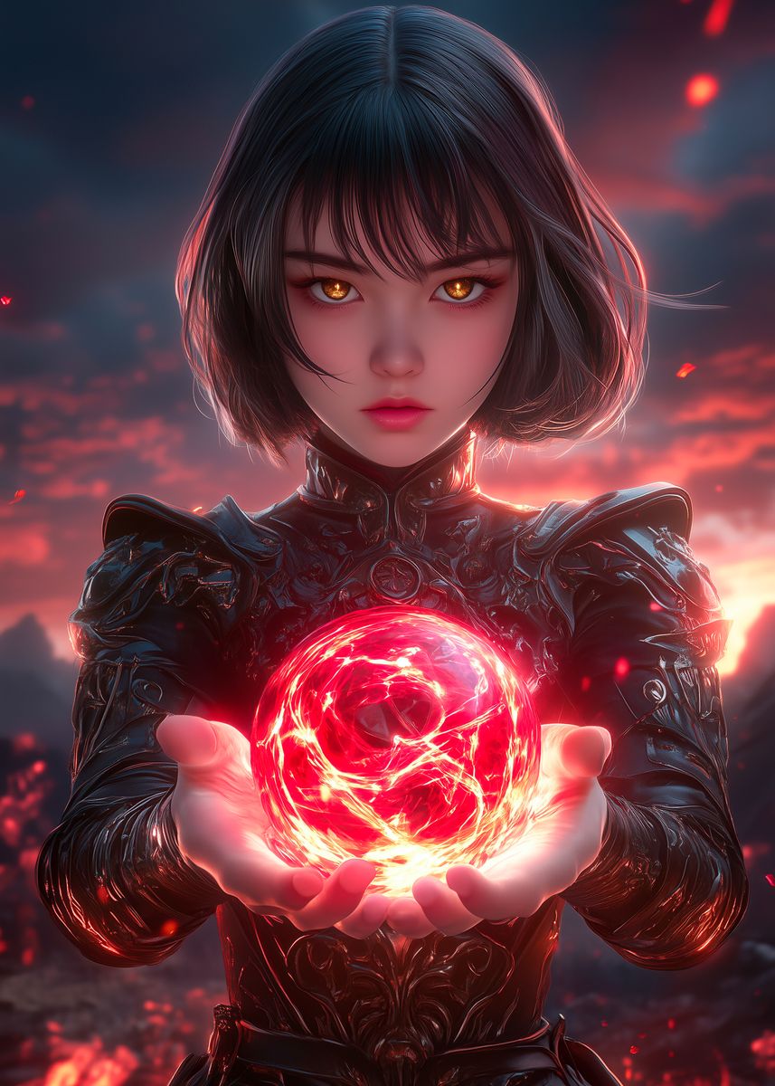 'Anime Girl with Fire Orb' Poster, picture, metal print, paint by ...