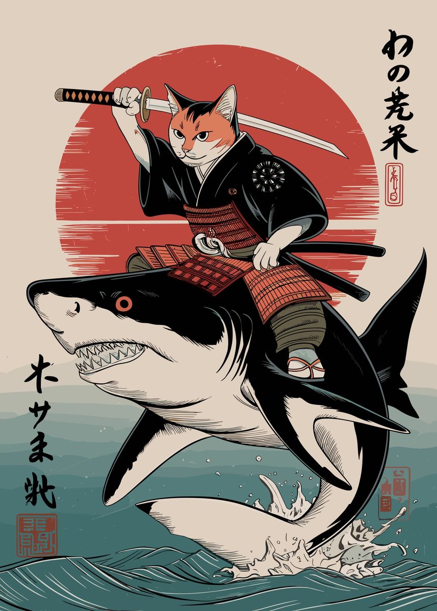 'Orange Cat Riding Shark' Poster, picture, metal print, paint by ...