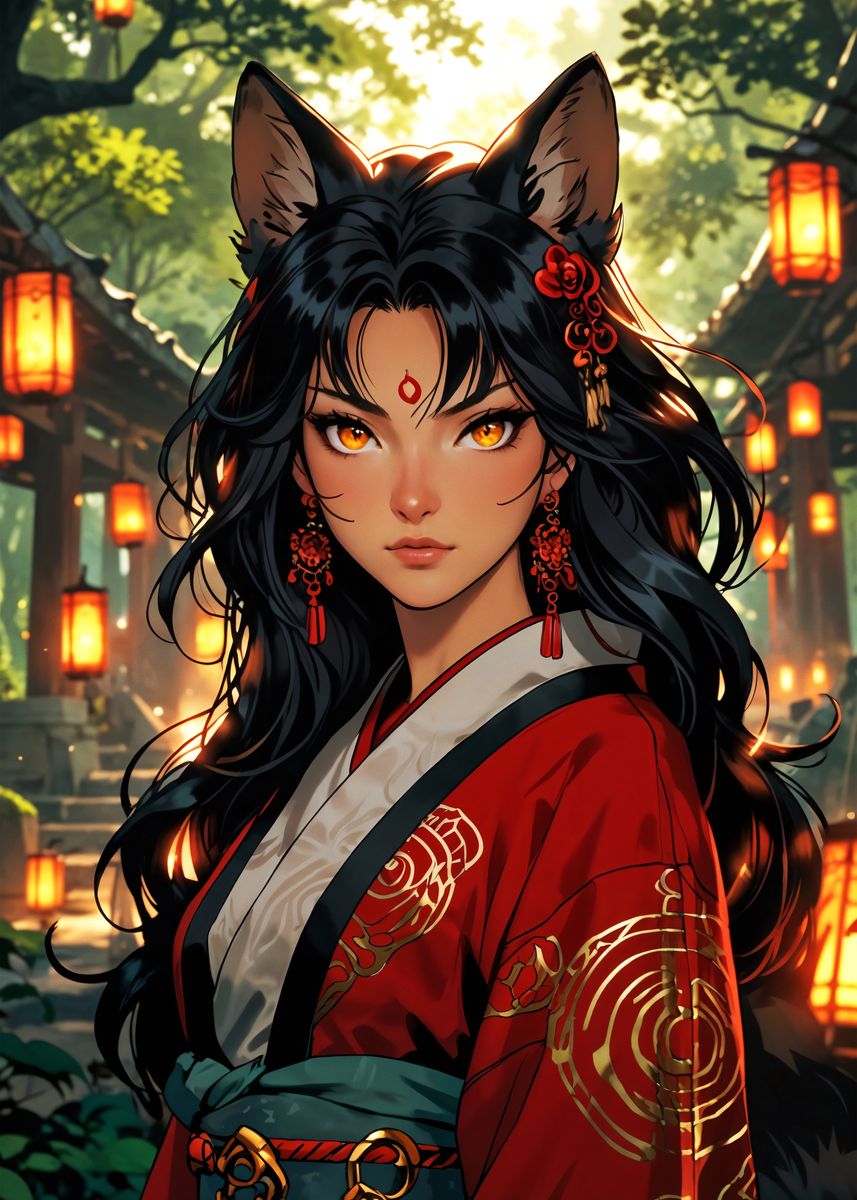 'Kitsune Girl in Red Kimono' Poster, picture, metal print, paint by ...