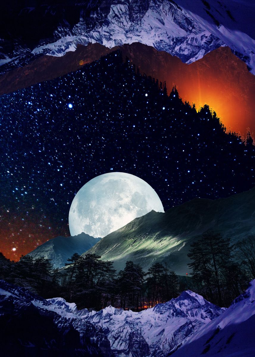'Full Moon Mountainscape' Poster, picture, metal print, paint by ...